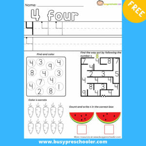 LEARNING THE NUMBER 4 WORKSHEET - BusyPreschooler.com