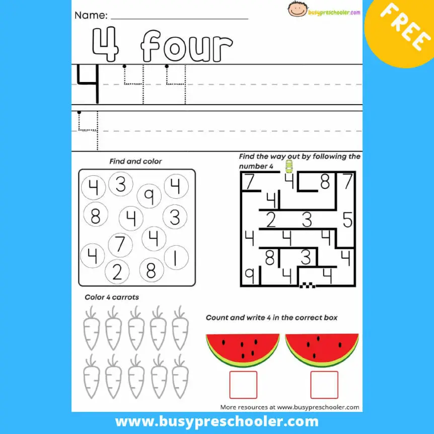 LEARNING THE NUMBER 4 WORKSHEET - BusyPreschooler.com