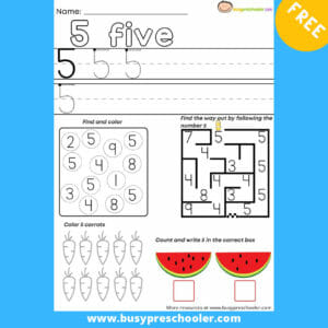 LEARNING THE NUMBER 5 WORKSHEET - BusyPreschooler.com