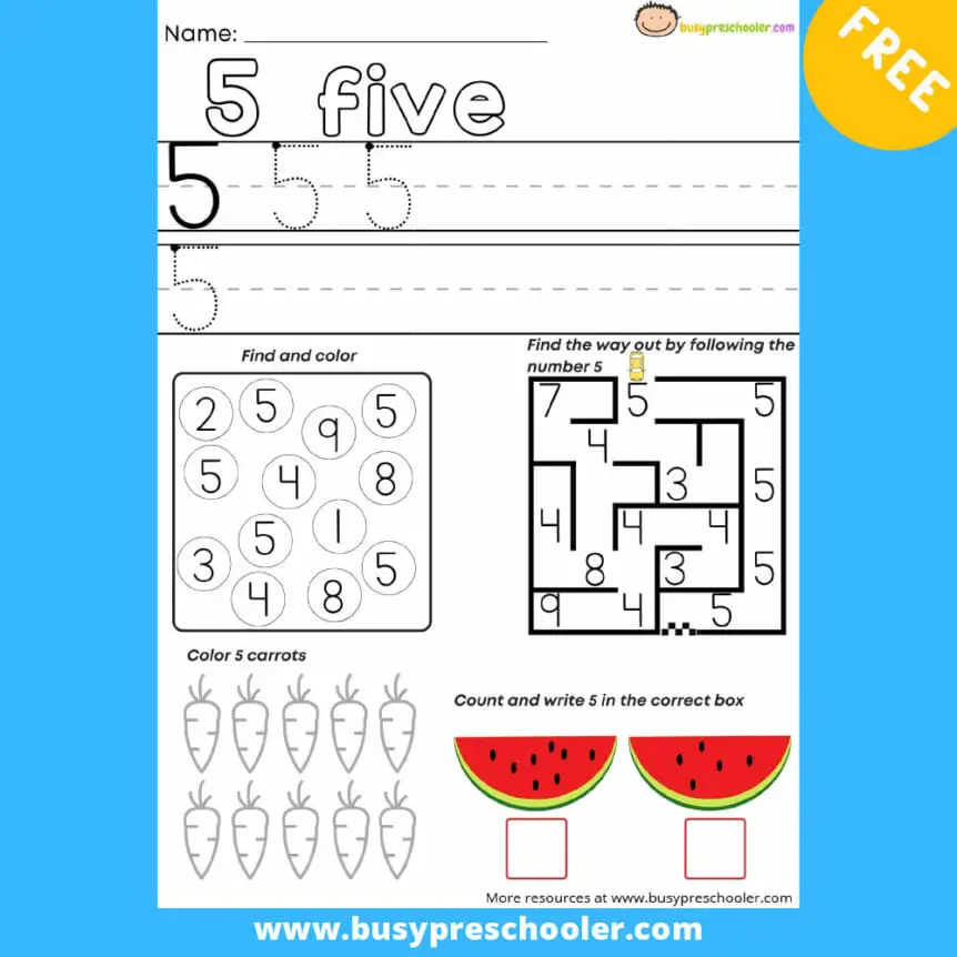 LEARNING THE NUMBER 5 WORKSHEET - BusyPreschooler.com