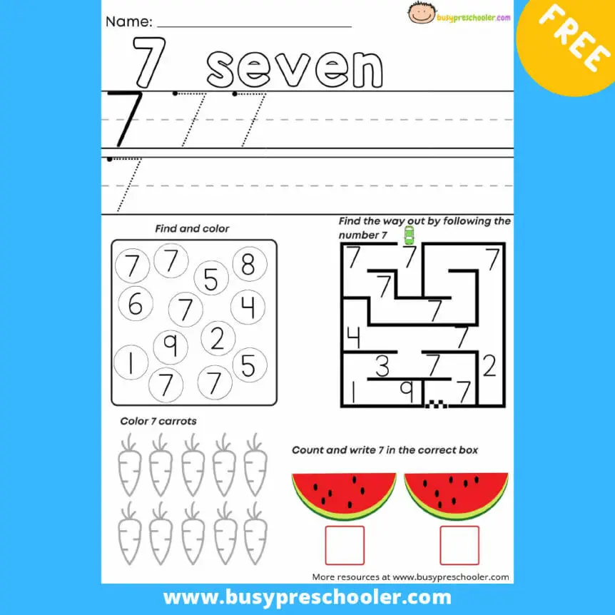 LEARNING THE NUMBER 7 WORKSHEET - BusyPreschooler.com