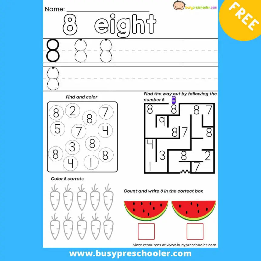 LEARNING THE NUMBER 8 WORKSHEET - BusyPreschooler.com
