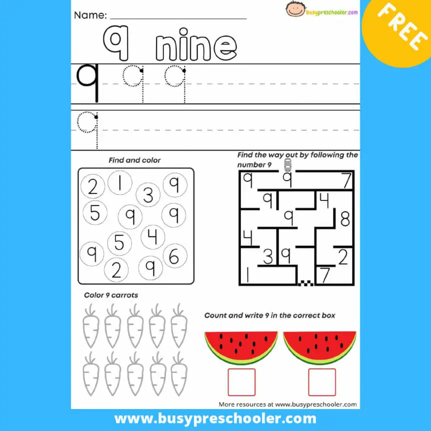 LEARNING THE NUMBER 9 WORKSHEET - BusyPreschooler.com