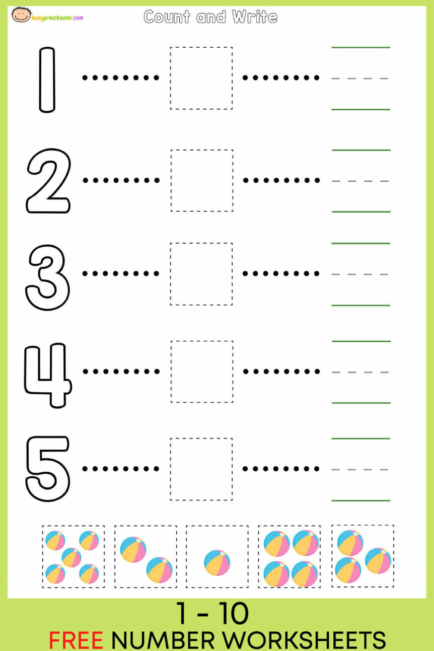 1-10 NUMBER COUNTING AND WRITING WORKSHEET - BusyPreschooler.com
