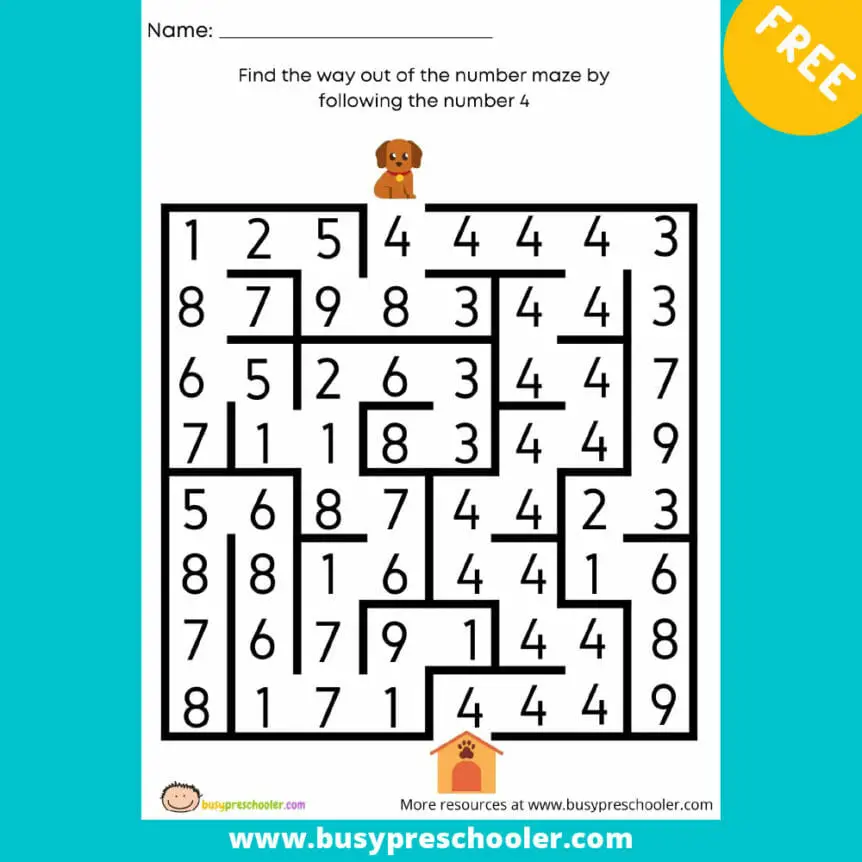 THE NUMBER 4 IDENTIFICATION MAZE - BusyPreschooler.com