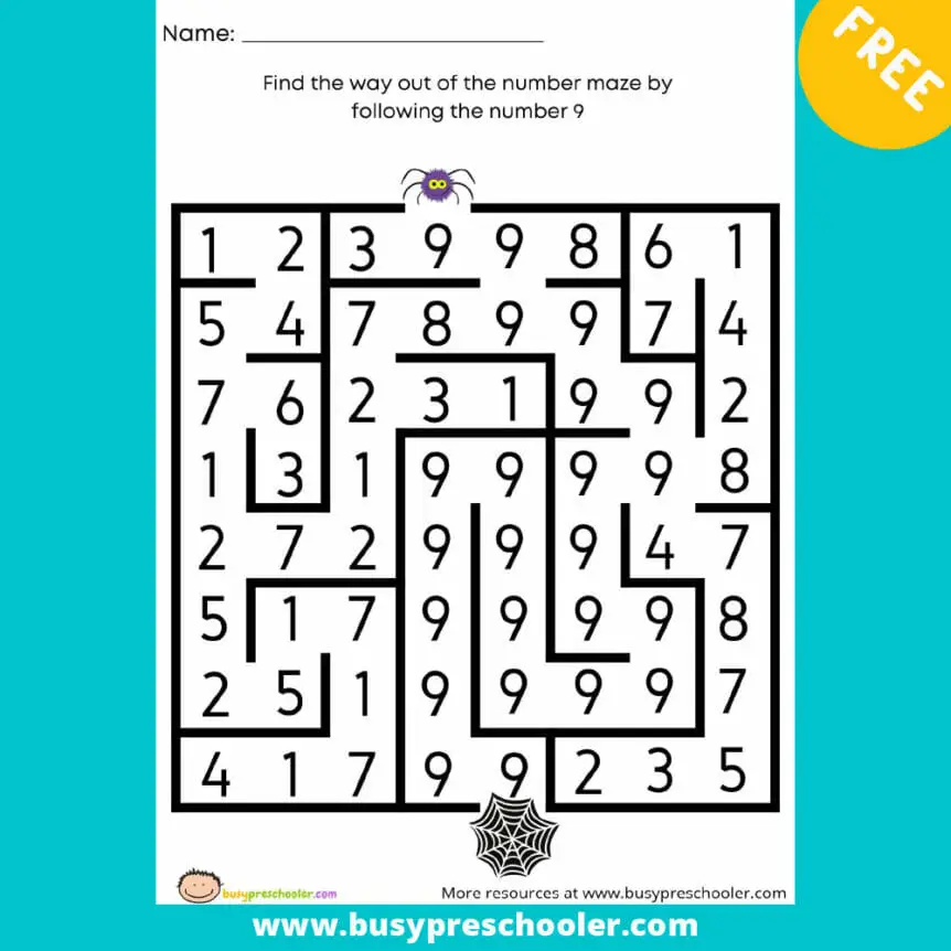 THE NUMBER 9 IDENTIFICATION MAZE - BusyPreschooler.com