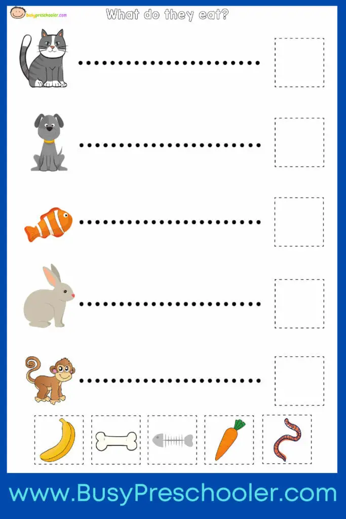 WHAT DO THEY EAT - FOOD MATCHING WORKSHEET 1 - BusyPreschooler.com