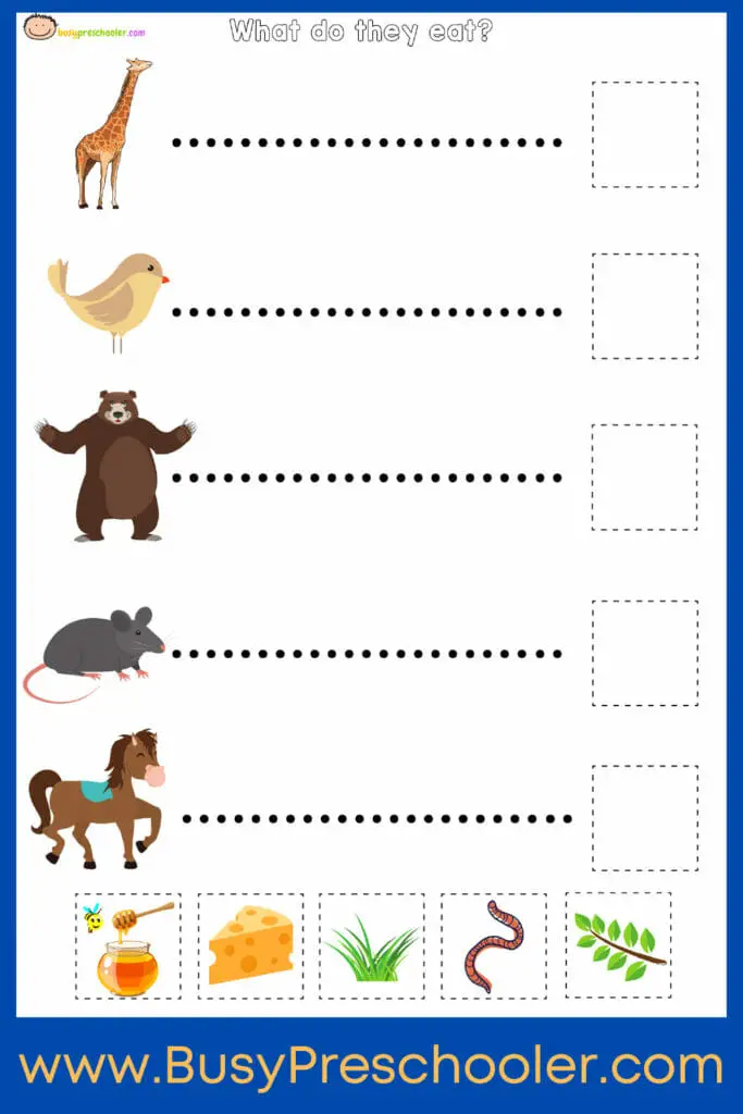 WHAT DO THEY EAT - FOOD MATCHING WORKSHEET 3 - BusyPreschooler.com